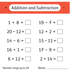 Addition number range up to 20 math worksheet Vector Image