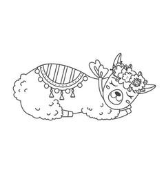 Cute outline doodle sleeping llama with hand drawn