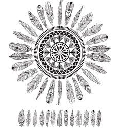 Round pattern with feathers in native style Vector Image