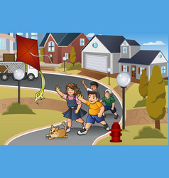 Cartoon happy boy playing kite Royalty Free Vector Image