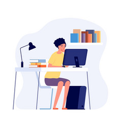 Child at computer cartoon boy learning at desk Vector Image