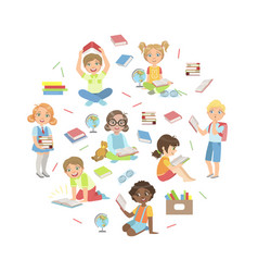 Kids reading books icon set Royalty Free Vector Image