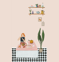 Girl cooking to make delicious food bw Royalty Free Vector