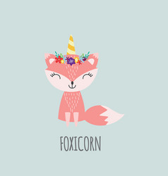 Cute pink unicorn fox with flower crown and Vector Image
