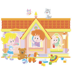 Children playing in a toy house Royalty Free Vector Image