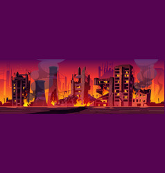 War destroyed city with burning buildings Vector Image