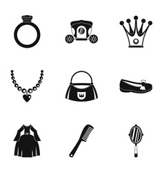 Princess things icon set simple style Royalty Free Vector