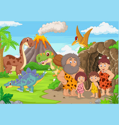 Group cartoon cavemen and dinosaurs Royalty Free Vector