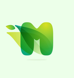 Ecology m letter logo with green leaves Royalty Free Vector