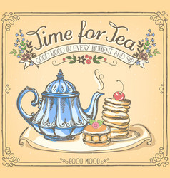 Tea time with cute cups freehand drawing sketch Vector Image
