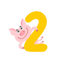 Number two with cute cartoon pig isolated on white