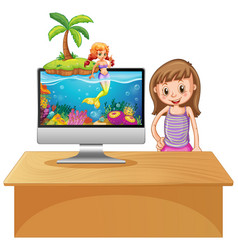 Little girl working on computer Royalty Free Vector Image