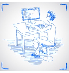 Hand drawn office sketch desk with chair computer Vector Image