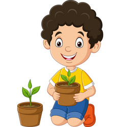 Cute little boy planting a plant Royalty Free Vector Image