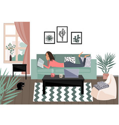 Girl student reading book at home studying online Vector Image