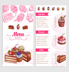 Pastry menu with dessert cakes and pies Royalty Free Vector